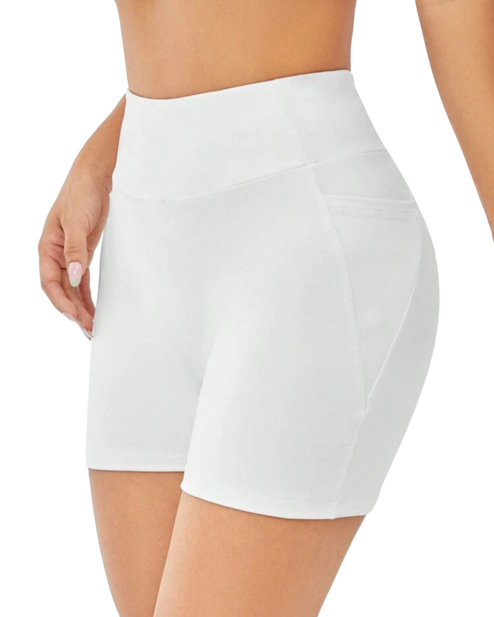 Solid Wideband Waist Biker White Short - Genevibes