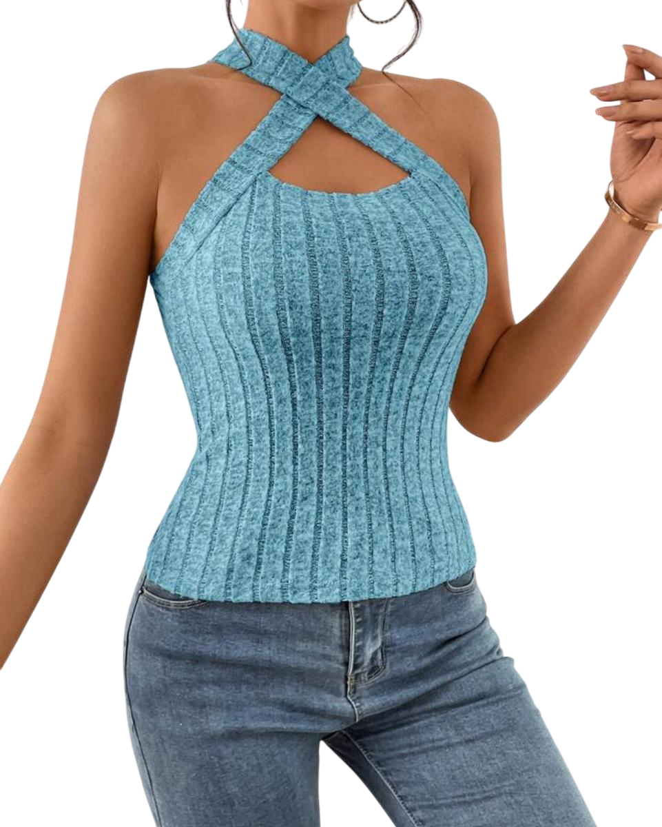 Essnce Crisscross halter Neck Ribbed Knit Halter Top - Genevibes