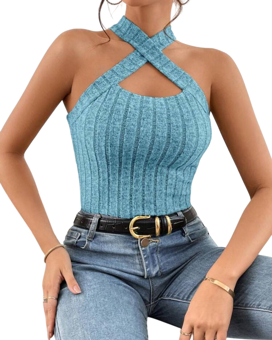 Essnce Crisscross halter Neck Ribbed Knit Halter Top - Genevibes